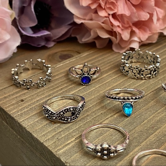 Jewelry | 13 Pcs Bohemian Retro Silver Crystal Gem Ring Set | Poshmark